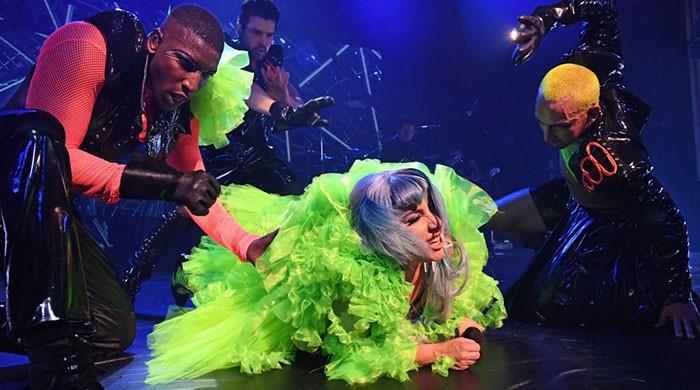 Lady Gaga falls off stage while dancing with eager fan
