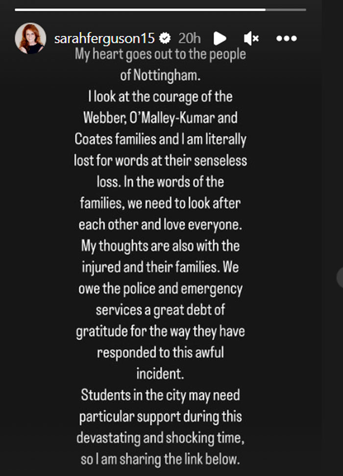 Sarah Ferguson shares emotional post after Nottingham attacks Sarah Ferguson shares emotional post after Nottingham attacks
