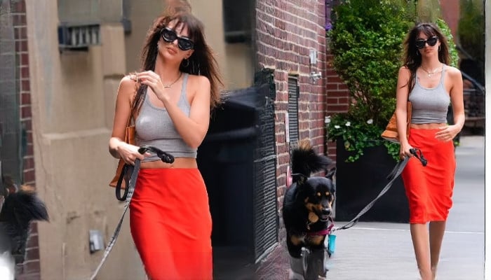 Emily Ratajkowski gives a glimpse at her midriff in tight vest as she ...