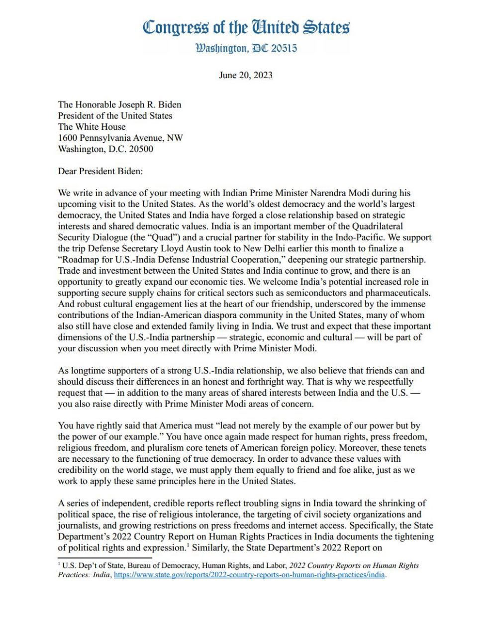 US lawmakers urge Biden to address human rights concerns with Modi